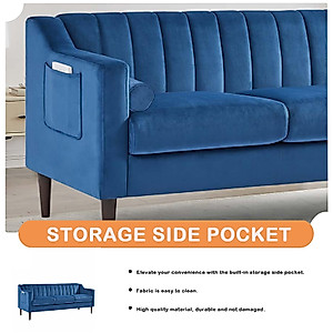 3 Seater Velvet Chesterfield Sofa, 77" Mid-Century Tufted Comfortable Upholstered Sofa Couch with Storage Side Pocket for Living Room Bedroom Office Apartment (Blue)