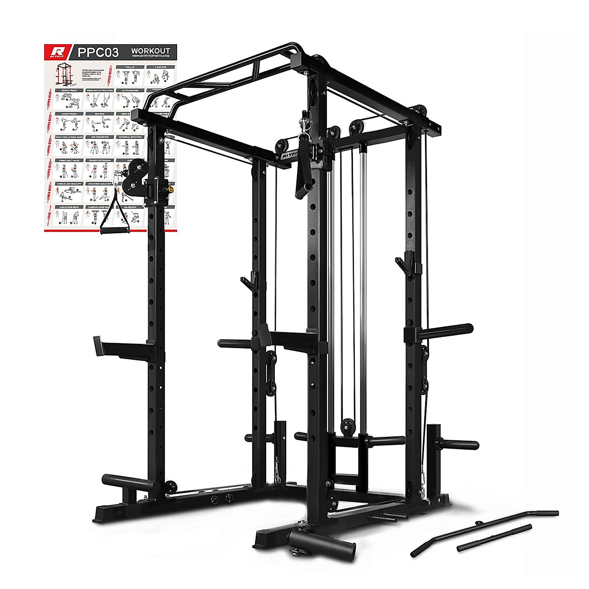 RitFit Multi-Function Power Cage with Adjustable Cable Crossover System,1000LBS Capacity Squat Rack, Full Home Gym Workout with J-Hook, Landmine and Other Attachments (2023 Version PPC03)-Black