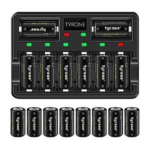 tyrone CR123A Rechargeable Batteries, 123A Lithium Battery for Arlo Camera VMC3030 VMS3330 3530 Alarm System, Flashlights 16 Pack CR 123A 3.7V 850mAh Batteries with Charger
