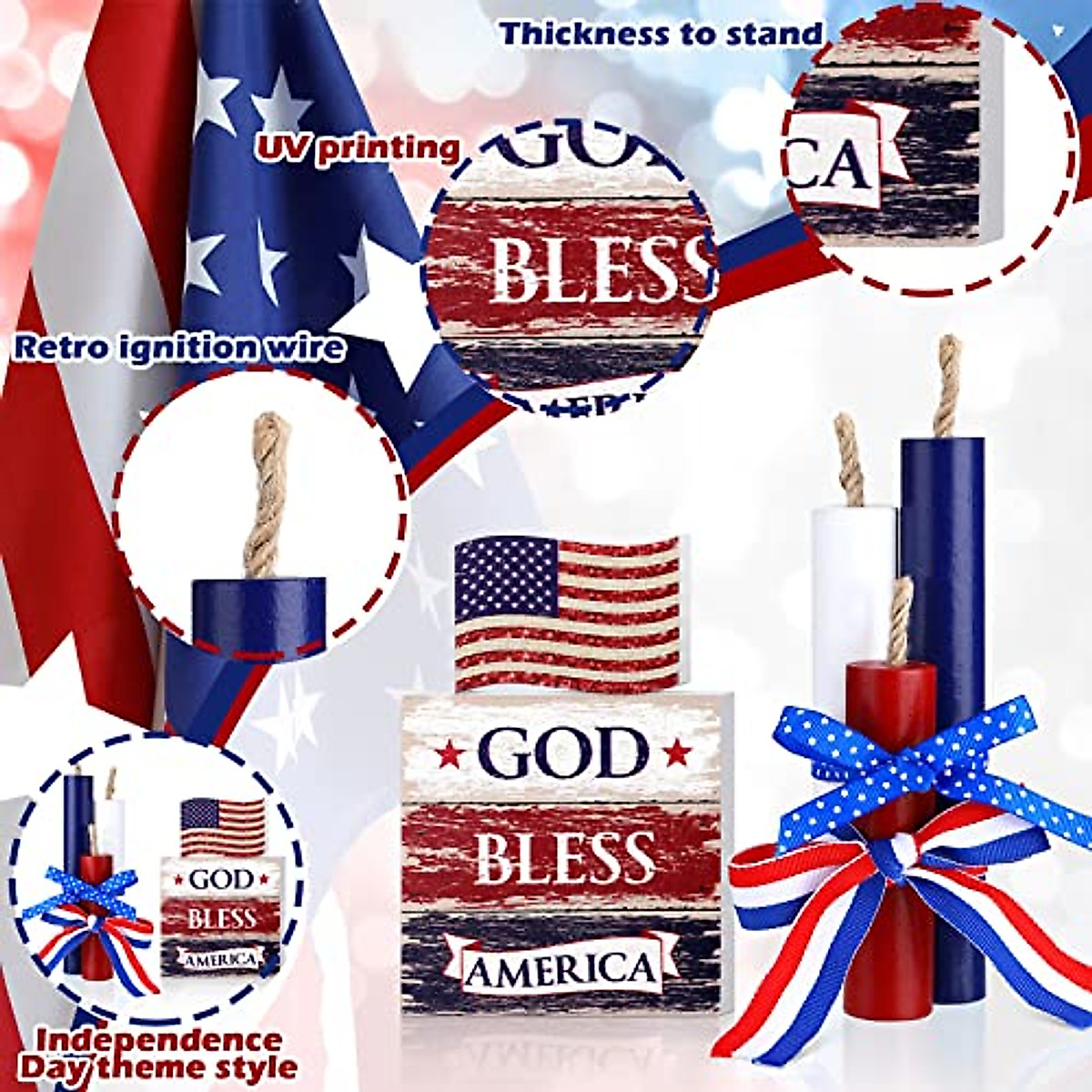 5 Pieces July 4th Patriotic Tiered Tray Decor Independence Day Wood Signs Tiered Tray Decor 4th of July Patriotic Mini Wood Book Stack Farmhouse Rustic God Bless America Decorations