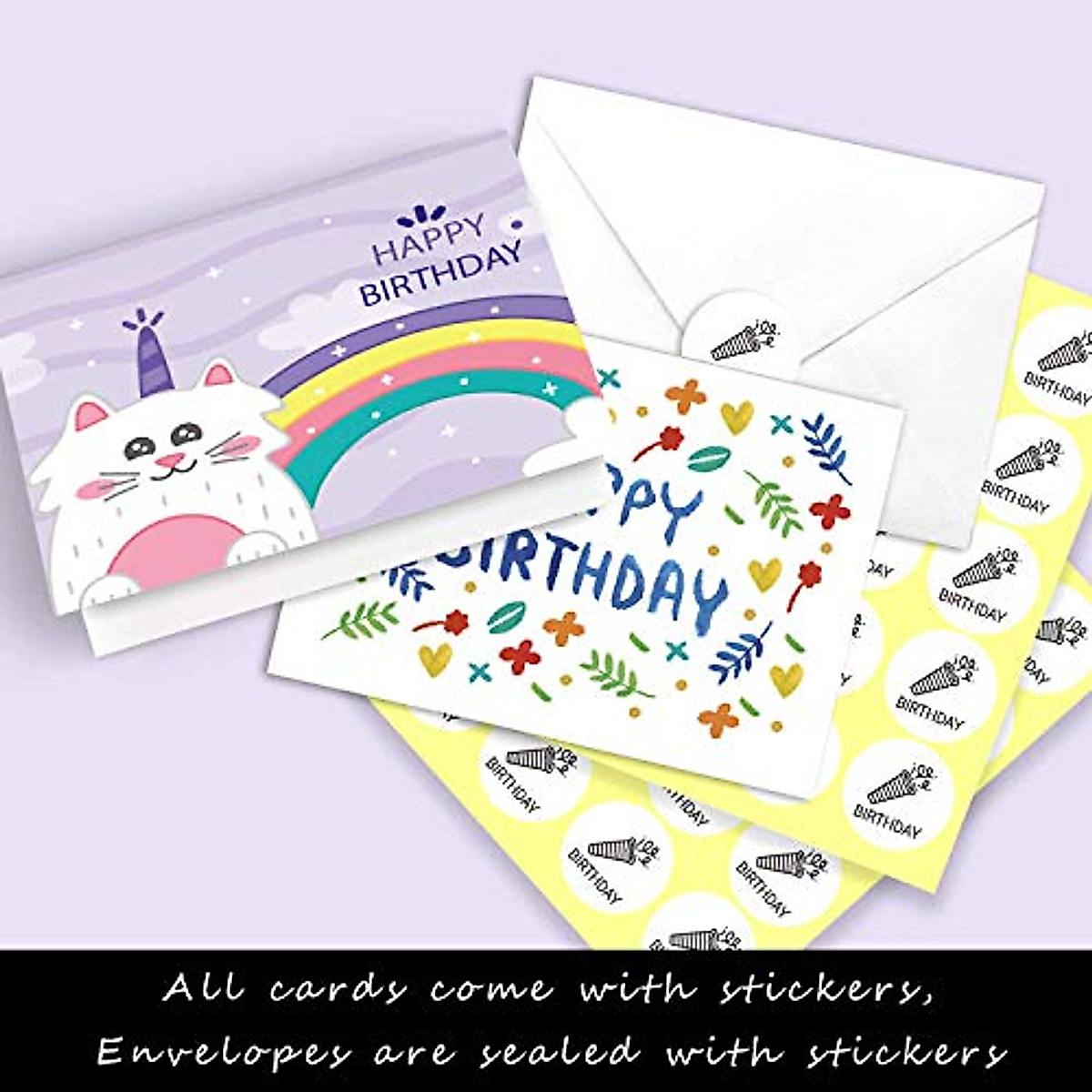 Hotcinfin Happy Birthday Cards Assortment Boxed Set, Bulk Assorted 60 Design Greeting Gift Cards With Envelopes,Stickers-Funny Blank Note for Friend, Kids,Men, Women,4X6