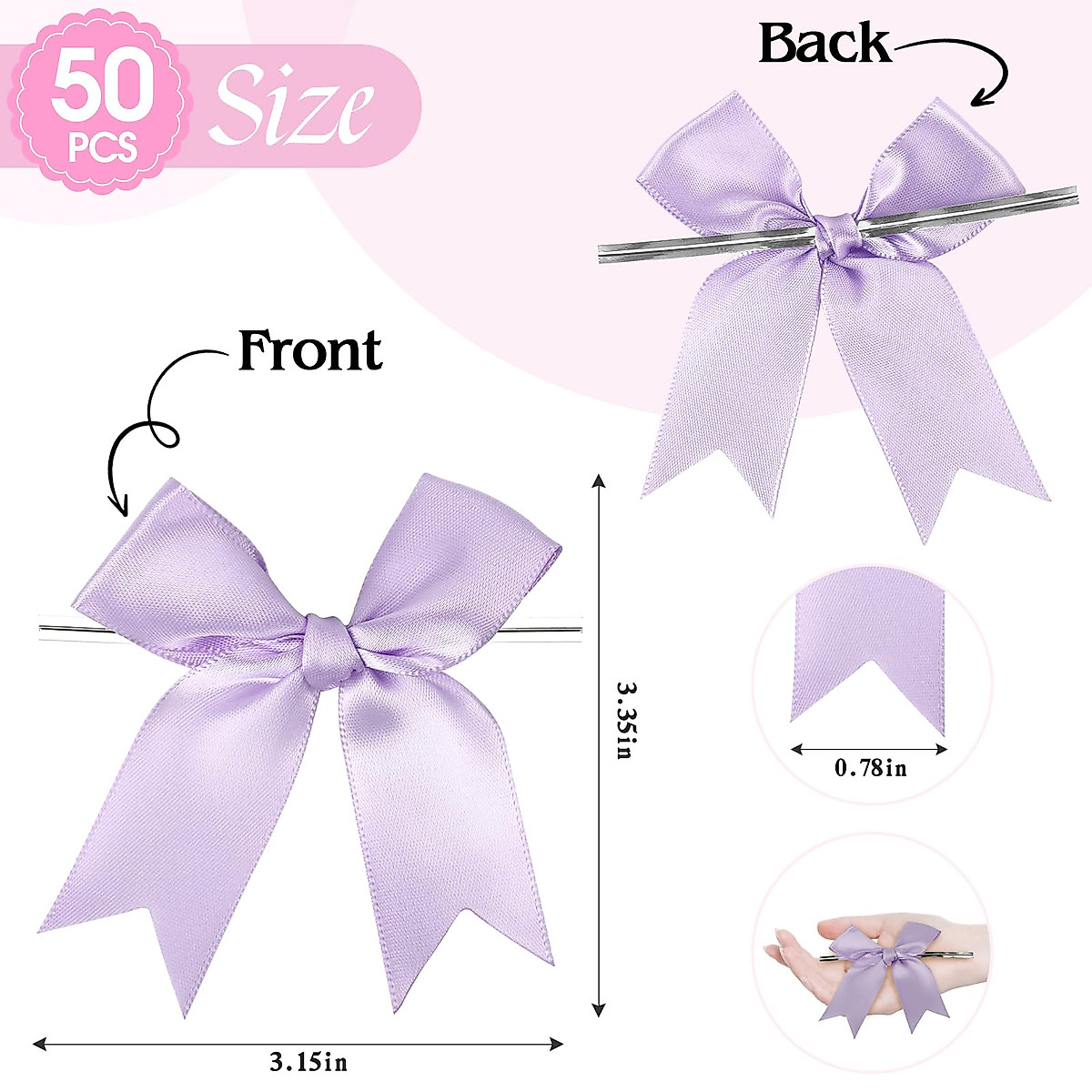 Twist Tie Bows, Satin Ribbon Bows - 3 Inches, 50-Pack for Treat Bags Gift Wrapping Basket Crafts Wedding Baby Shower Brithday Christmas Party Decorations (Pink)