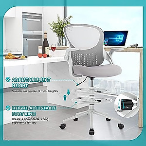 Drafting Chair with Flip-up Armrests and Foot-Ring, Tall Office Chair for Standing Desk Adjustable Height Office Desk Chair for Home Office, Breathable Mesh Swivel Rolling Tall Chair Grey