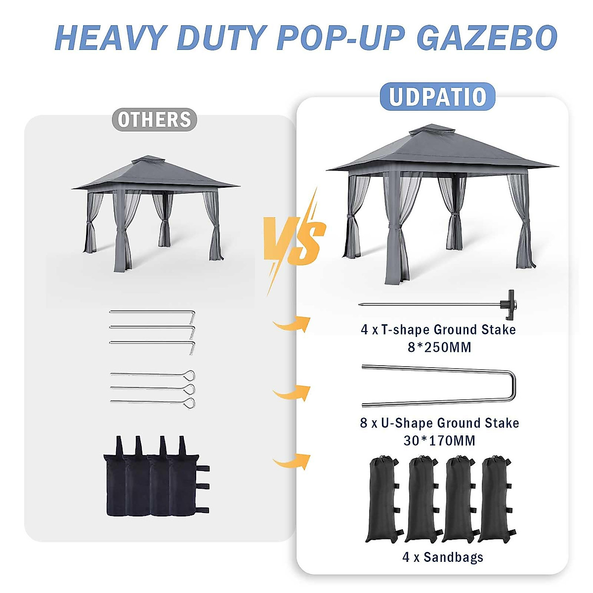 UDPATIO 13'x13' Pop up Gazebo Canopy Tent, Outdoor Patio Waterproof Gazebo with Mosquito Netting for Lawn, Garden, Backyard and Deck, Grey