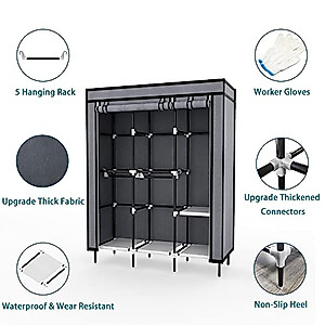 VIZUN Portable Clothes Closet, Wardrobe Storage Closet Organizer with 5 Hanging Rack, Easy to Assemble (Gray)