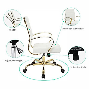 LeisureMod Benmar Modern Mid-Back Adjustable Swivel Leather Office Chair with Gold Frame (White)