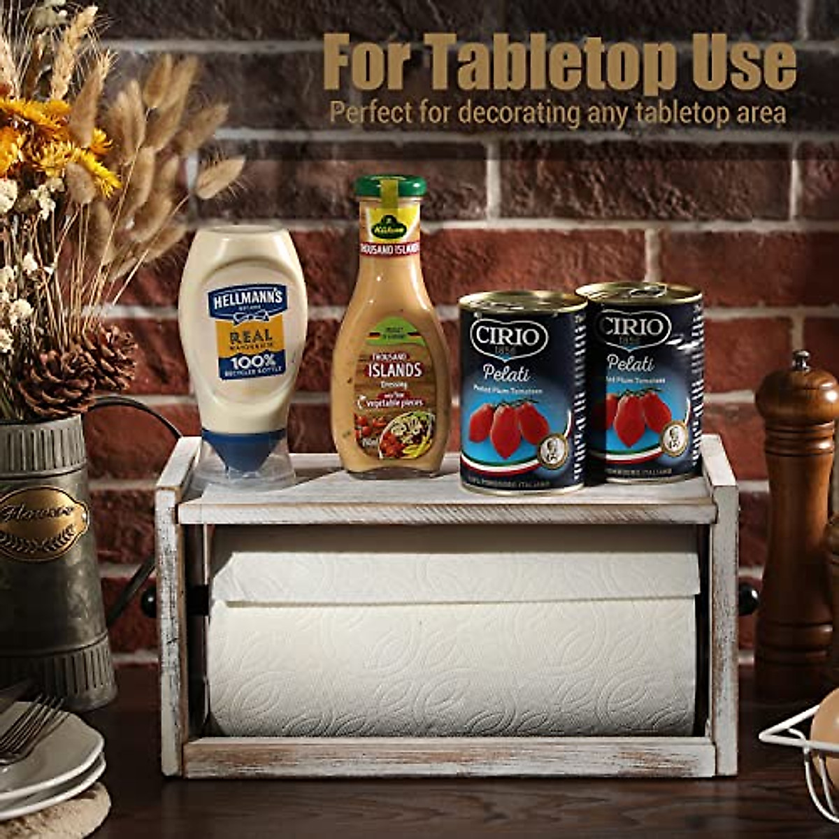 FARM IN Paper Towel Holder, Rustic Wall Mount & Countertop Kitchen Organizer with Top Storage Shelf and Barn Door “X-Cross” Design, Industrial Farmhouse Paper Towel Dispenser, Bathroom Towel Rack