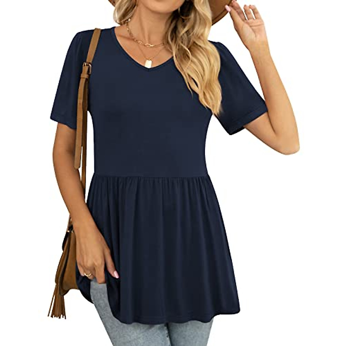 YVH Women's Tunic Tops for Summer Casual V-Neck Babydoll Shirts Short Sleeve Blouse, Navy Blue, XL
