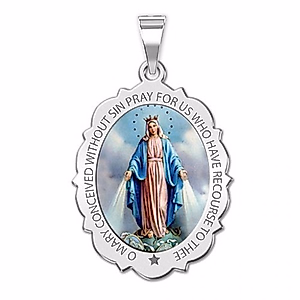 PicturesOnGold.com Sterling Silver Scalloped Virgin Mary Catholic Oval Miraculous Medal Necklace Pendant for Women (Sterling Silver - 1/2 Inch X 2/3 Inch)