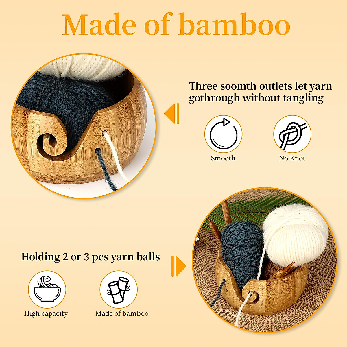 Yarn Bowl Holder, Wooden Craft Knitting Bowl for Crochet with 8pcs Metal Hooks, 6.7"Crochet Storage Organizer Knitting Accessories (bamboo)