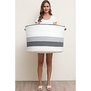 24" x 24" x 17" Max Size Large Cotton Rope Basket, Extra Large Storage Basket, Woven Laundry Hamper, Cloth Storage Bin, for Blankets Clothes Towels Pillows in Living Room, Double Graded Grey