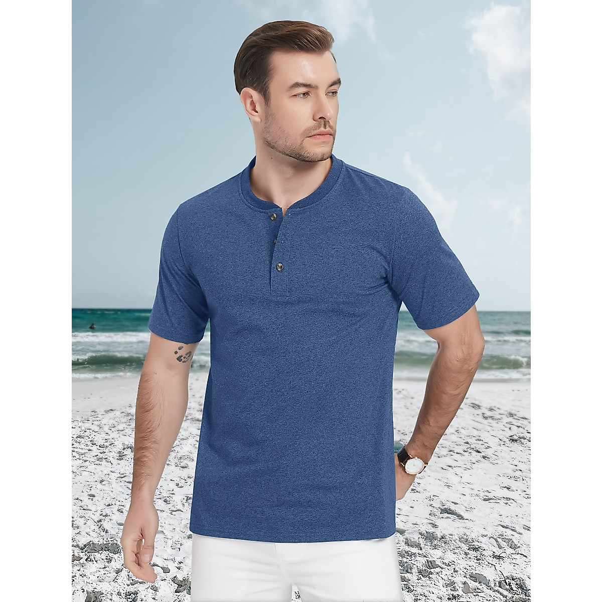 MAGCOMSEN Short Sleeve Henley Men Cotton Lightweight 3 Button Tops Vintage Casual Summer Shirt Soft Fashion Grey Blue M