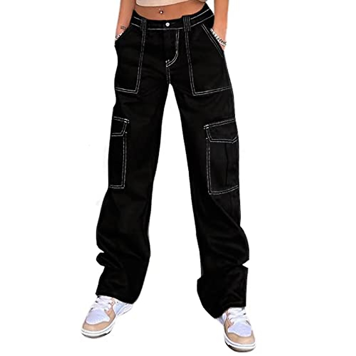 Jeans for Women High Waisted Cargo Pants Women Teen Girl Gifts Trendy Stuff Fashion Casual Loose Wide Leg Pants Hippie Clothes Lounge Baggy Jogger Pants Multiple Pockets Y2k(4A-Black,Medium)