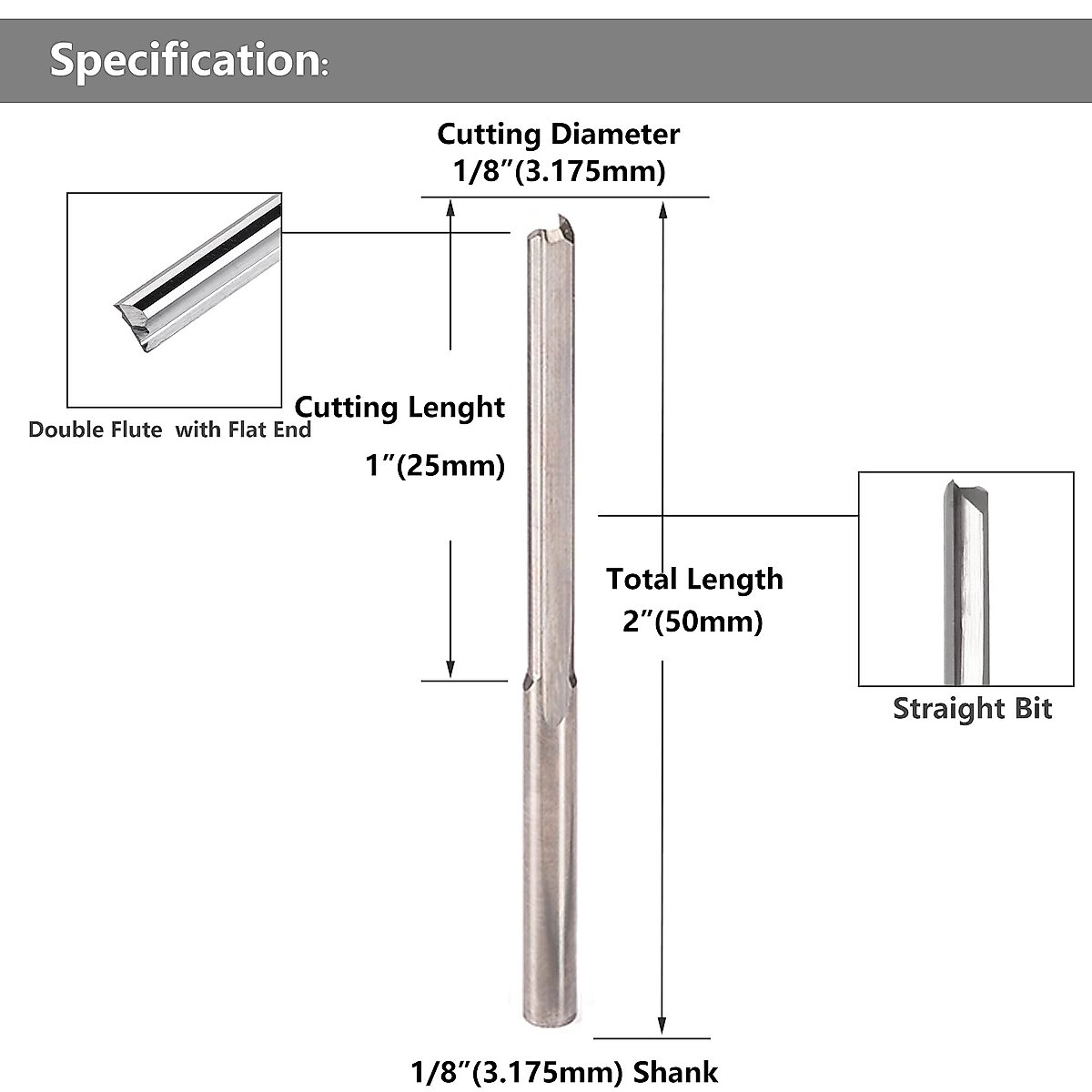 Yakamoz 10Pcs 1/8-Inch Shank Long Straight Router Bits CNC End Mill Bit Set with 1" Cutting Length Flush Trim Router Wood Cutter Woodworking Milling Tool