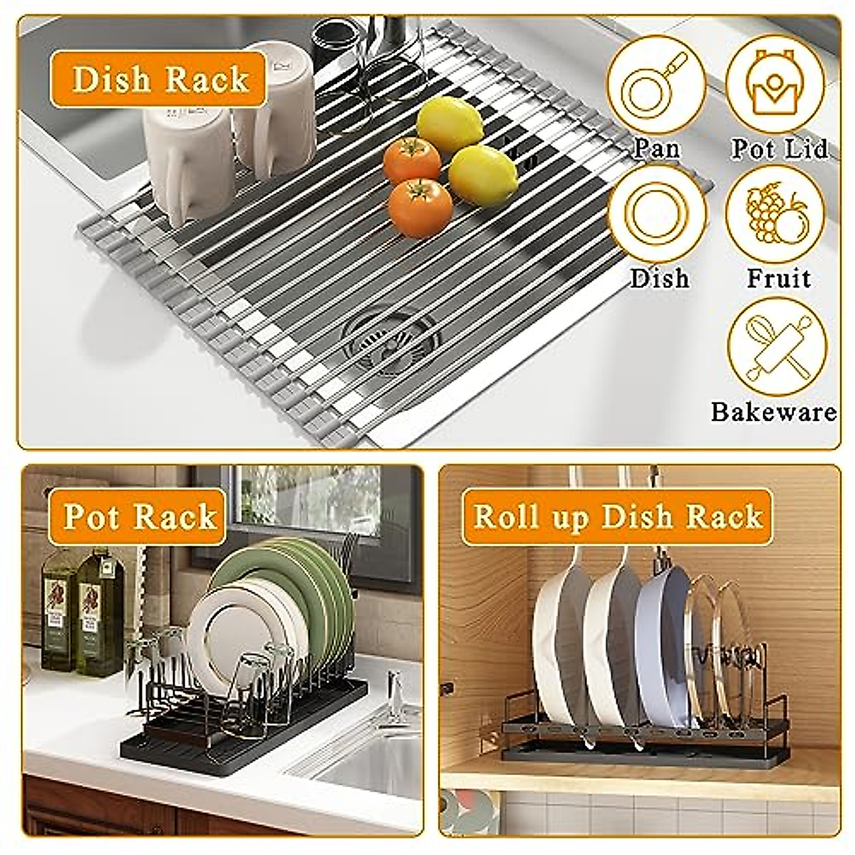GILLAS 3 Pack Dish Drying Rack & Pot and Pan Organizer & Over The Sink Roll up Dish Drying Rack, 3 in 1 Roll-Up Dish Plates Rack Holder for Kitchen Sink, for Dishes, Knives, Spoons, and Forks, Black