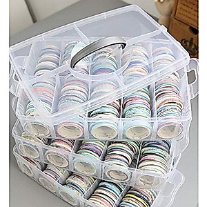 Washi Tape Box Organizer Storage with 30 Adjustable Compartments,Divider Closet Container,Clear,Masking Tape Desktop Tape DIY Sticker Roll Tape Cutter Holder Storage