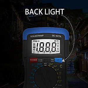 GOLDCHAMP 2000pF~200μF Capacitor Tester, 20Ω~2000MΩ Ohm Meter, Capacitance Meter, hFE Test Multimeter, Manual Range, Back Light, Auto Power Off, Testing Meter Tool