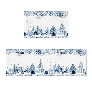 Christmas Winter Kitchen Rugs and Mats Set of 2 New Year Abstract Snowflake Elk Blue Xmas Kitchen Mat,Non-Slip Area Runner Rug,Washable Floor Mat for Home Dining Room Office 16x24in+16x47in