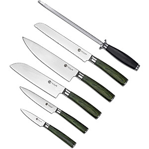 HexClad 7 Piece Knife Set - 6 Piece Damascus Essential Knife Set & Magnetic Knife Block, Comes with Chef's, Santoku, Bread, Utility and Pairing Knife and Walnut Knife Block