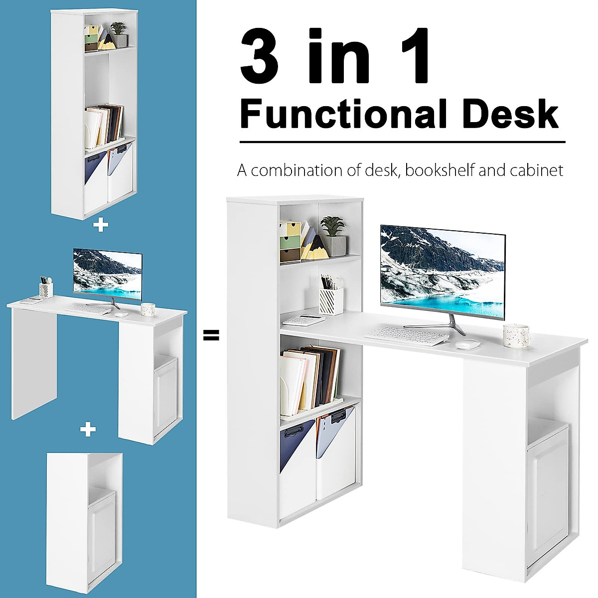 IFANNY White Computer Desk w/Bookshelf, Modern Home Office Desk w/Storage Shelves & CPU Stand, Space-Saving Design, Compact Corner Computer Workstation for Small Spaces