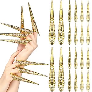 Leelosp 20 Packs halloween Finger Nail Claw Rings Ancient Queen Fingernail Claw Metal Finger Knuckle Claw for Halloween Women Cosplay Costume Drama Dance Show (Gold)