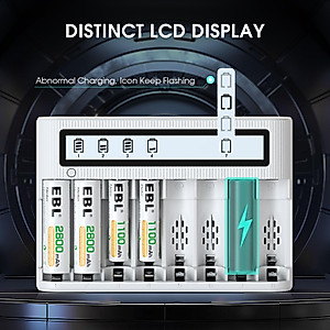 EBL AA AAA Battery Charger, Independent 8 Slots with Advanced Discharge Function, LCD Screen for 1.2V NiMH NiCD Rechargeable Batteries, Micro USB and Type C Input