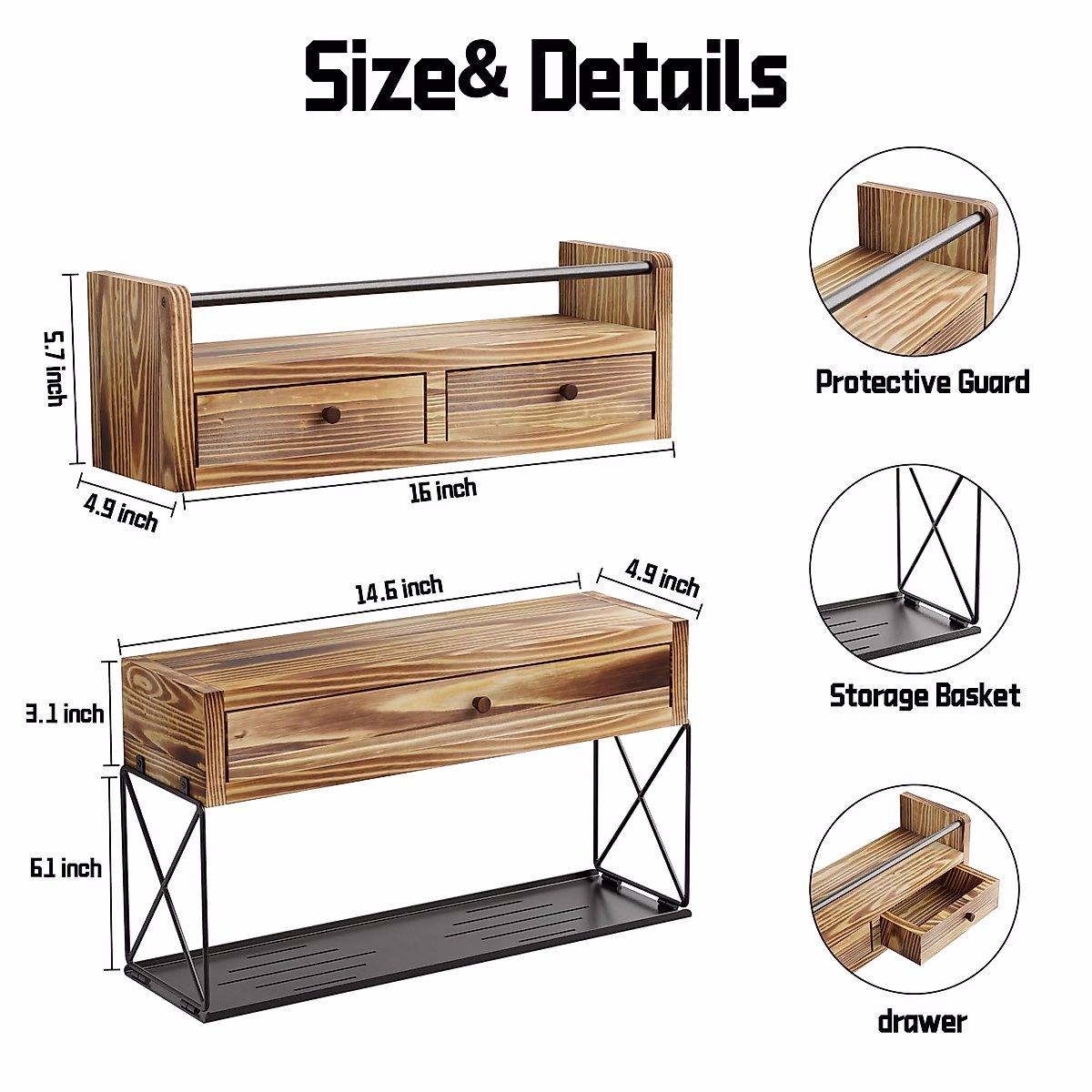 ENPKLUTE Floating Shelf with Drawer Set of 2, Wall Baskets, Bathroom Shelf with Protective Guard, Floating Wood Shelves, Wall Mount Shelves, Above Bed Wall Decor, Rustic Shelves for Bathroom, Bedroom