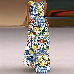 WYTong Women Dresses Sleeveless Print V-neck Maxi Dress Summer Party Cami Dress Long Dresses With Pockets(Blue,Small)