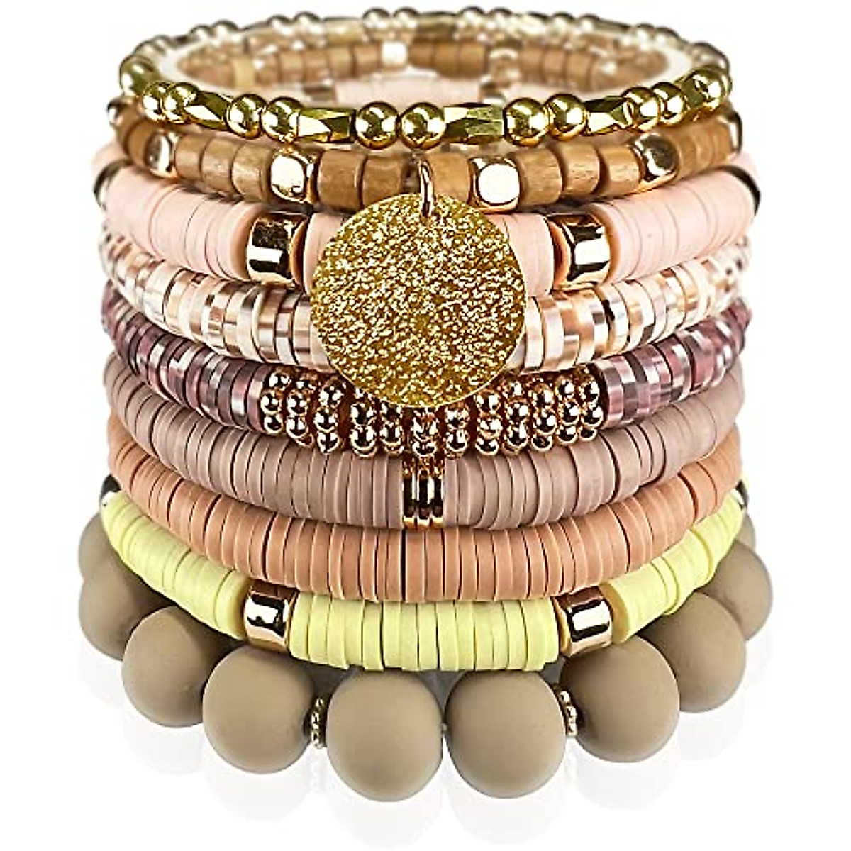 CATCHY & CRAFTY Bracelet Heishi Stretch Stackable Layering Beaded Colorful Bracelets Women Boho Friendship Gift (Brown Multi 02)