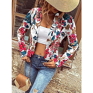 OYOANGLE Women's Floral Print Long Sleeve Blazers Casual Office Work Open Front Cardigan Jacket Blazer White L
