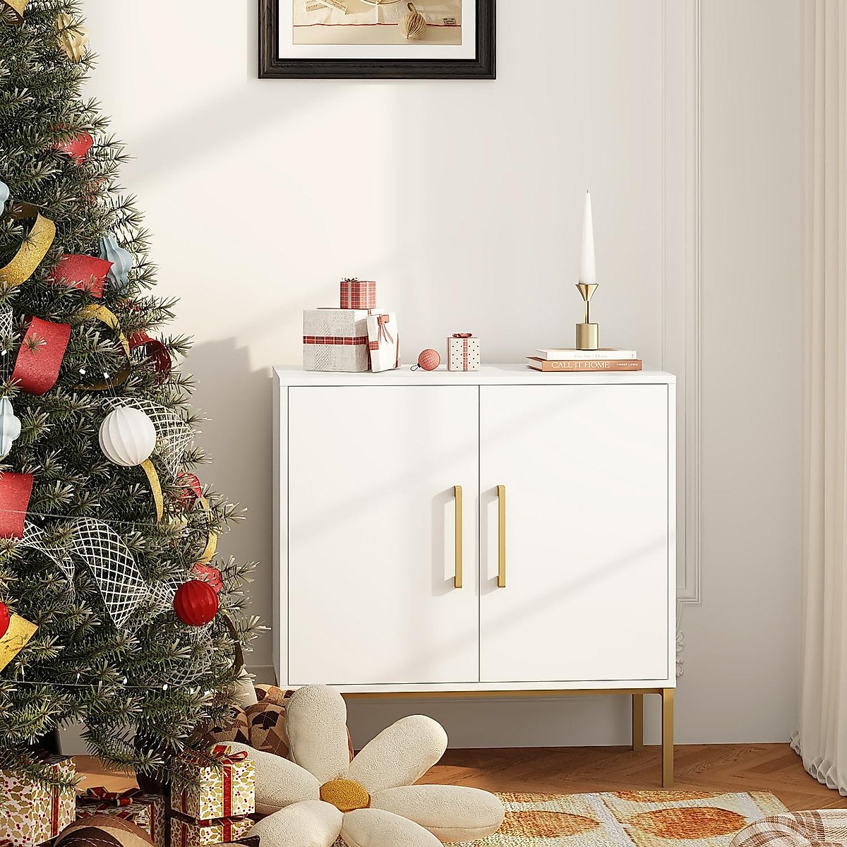 JOZZBY Buffet Sideboard Cabinet with Storage, Modern Wooden Free Standing Cabinet with Adjustable Shelves, White and Gold Cabinets for Living Room, Kitchen, Hallway