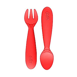 ez pz Mini Collection Set (Coral) - 100% Silicone Cup + Straw, Fork, Spoon & Mini Mat Suction Plate with Built-in Placemat for Infants + Toddlers - First Foods + Self-Feeding - 12 Months+
