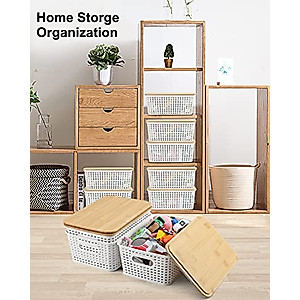 EOENVIVS Plastic Storage Baskets With Bamboo Lid Pantry Organization and Storage Containers Lidded Organizer Bins Small Baskets for Shelves Drawers Desktop Closet Playroom Classroom Office, 3 Pack
