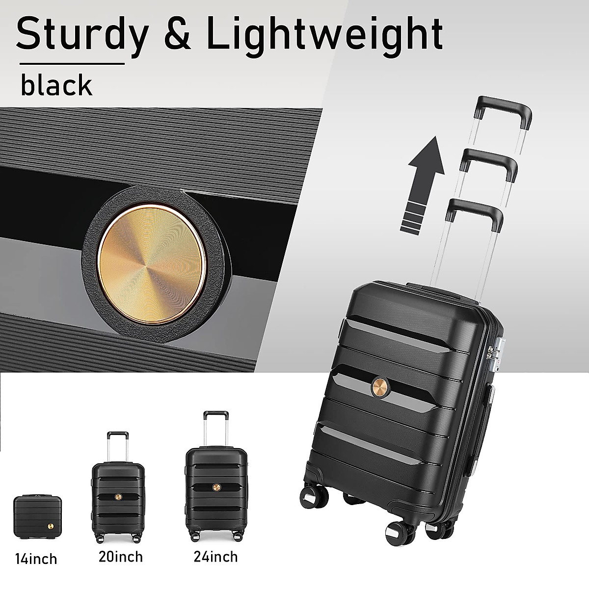 Somago 3 Pieces Luggage Set(14/20/24) PP Lightweight 4 Double 360 Degrees Mute Spinner Wheels Suitcase with TSA Lock & YKK Zipper (Classic Black)