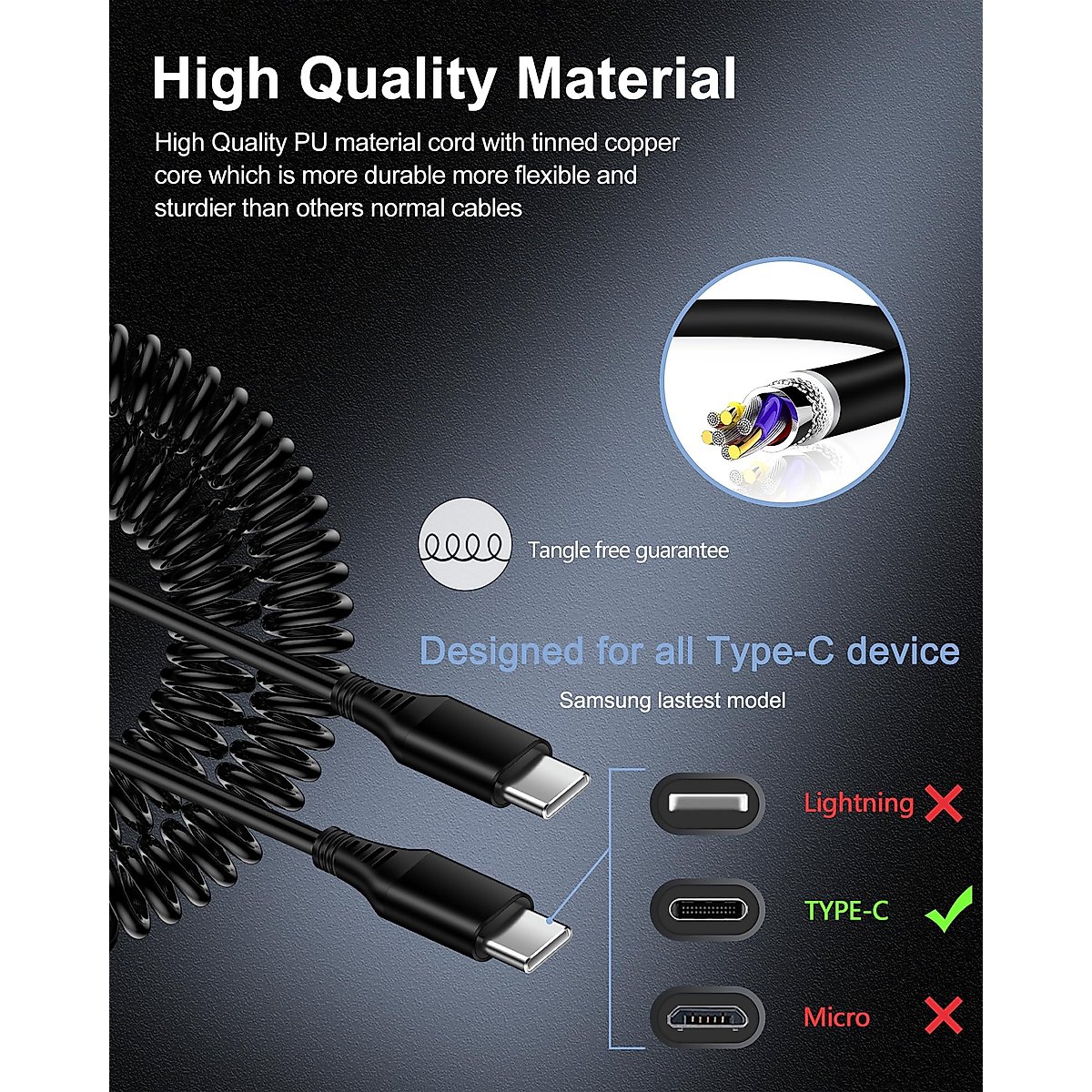 3FT/2Pcs S25 Coiled USB C Cable Fast Charging Cord for Samsung Galaxy Z Fold6 Flip6 S24 FE S23 Ultra S22 S21 S9 S8 A16 A03s A13 A14 A53 A54 A51, C to C Android Auto Wire for Car for iPhone 16Pro Pixel