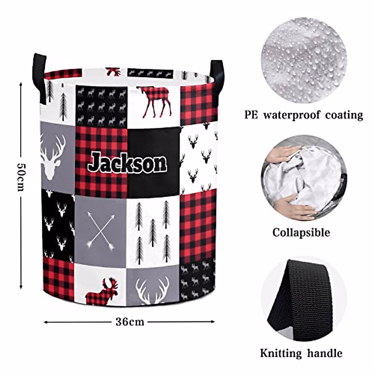 Buffalo Plaid Deer Woodland Personalized Waterproof Foldable Laundry Basket Bag with Handle, Custom Collapsible Clothes Hamper Storage Bin for Toys Laundry Dorm Travel Bathroom