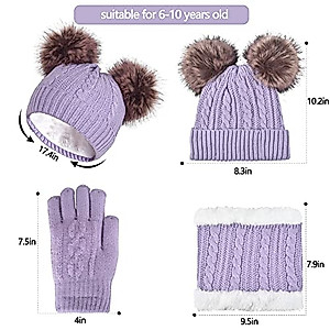 Kids Winter Hat Gloves Scarf Set Knit Beanie for Girls Boys Neck Warmer Thick Fleece Lining Thermal with Cute Pom Pom Purple Warm Cap for 6-10 Years Old Toddler, Gift for Children