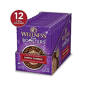 Wellness Bowl Boosters Simply Shreds Natural Grain Free Wet Dog Food Mixer or Topper, Chicken, Beef & Carrots, 2.8-Ounce Pouch(Pack of 12)