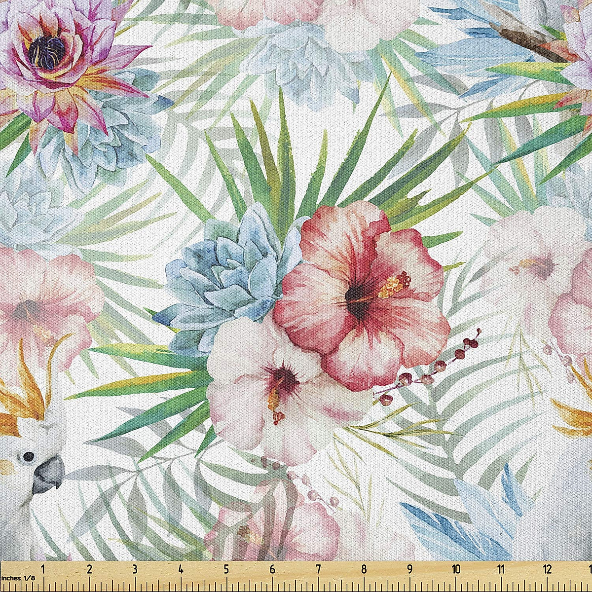 Ambesonne Tropical Fabric by The Yard, Exotic Hibiscuses and Parrots in Watercolors Hawaiian Flora and Fauna Composition, Stretch Knit Fabric for Clothing Sewing and Arts Crafts, 1 Yard, White Pink