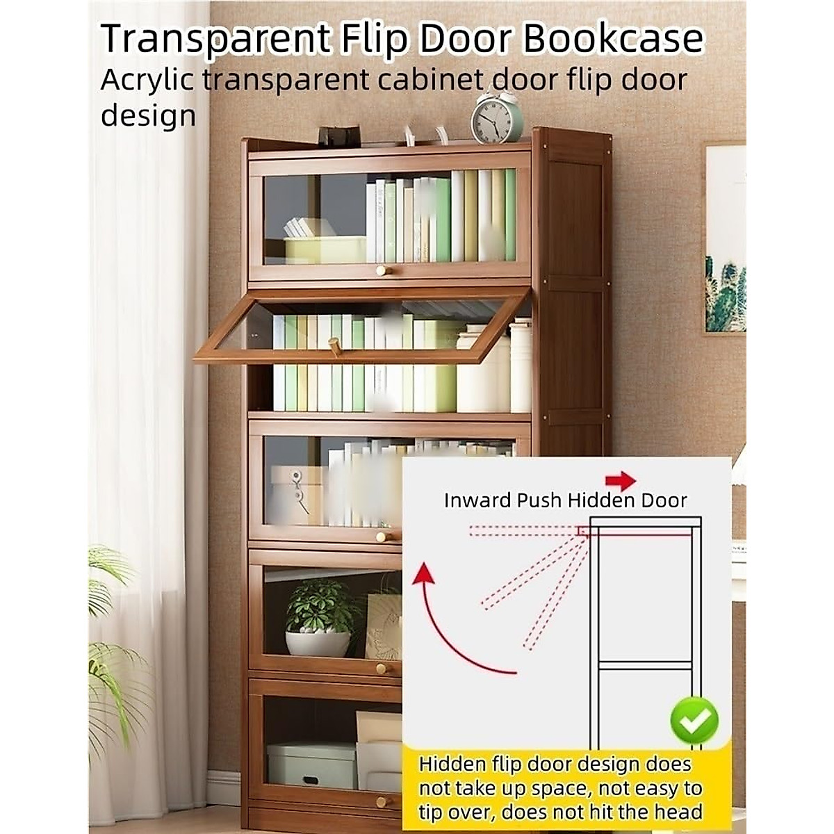 Modern 5 Tier Bookcase with Flip Door, Rectangle Shelves with Closed Back Panels, Tall Bookshelf, Storage Organizer Shelves for Bedroom, Living Room, Office, Kitchen(Gray,23.6*12.2*67.7in)