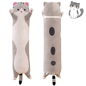 SNOWOLF Cute Cat Plush Long Body Pillow Cat Stuffed Animals Plushie Toy Soft Throw Sleeping Cotton Kitten Pillow Gift for Kids Girls (Gray, 19.7")