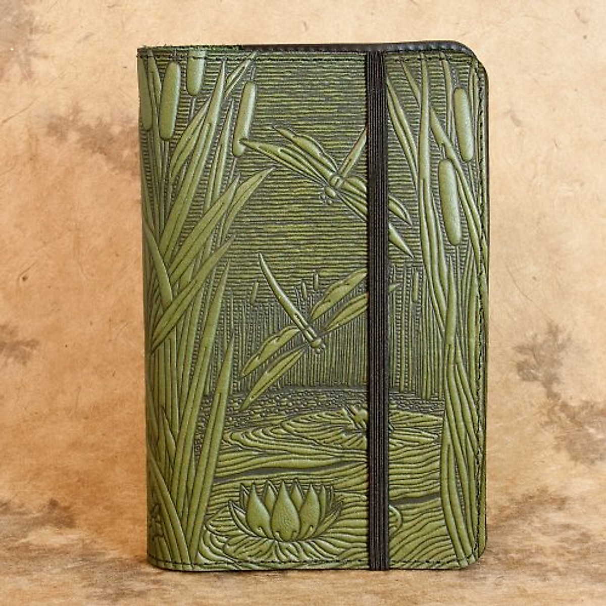 Oberon Design Dragonfly Pond Pocket Notebook Cover, Fits Many 5.5 x 3.5 Inch Notebooks, Embossed Genuine Leather, Fern Color, Made in the USA