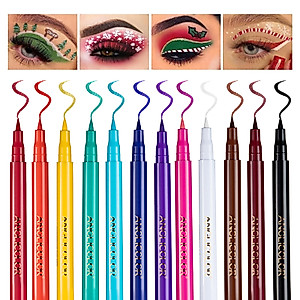 12PCS Matte Colored Liquid Eyeliners Delineador De Ojos De Colores Set Colorful Eye Liner Liquid Color Eyeliner Eye Makeup Bright Colors Waterproof Smooth & No Fading (13-Multicolors)