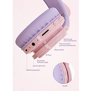 Picun Bluetooth Kids Headphones with Microphone, Cat Ear Wireless & Wired 85dB Volume Limited Multi-Function Girl Headphones, Built-in Flashing LED, Foldable for School Study Home Travel- Purple Pink