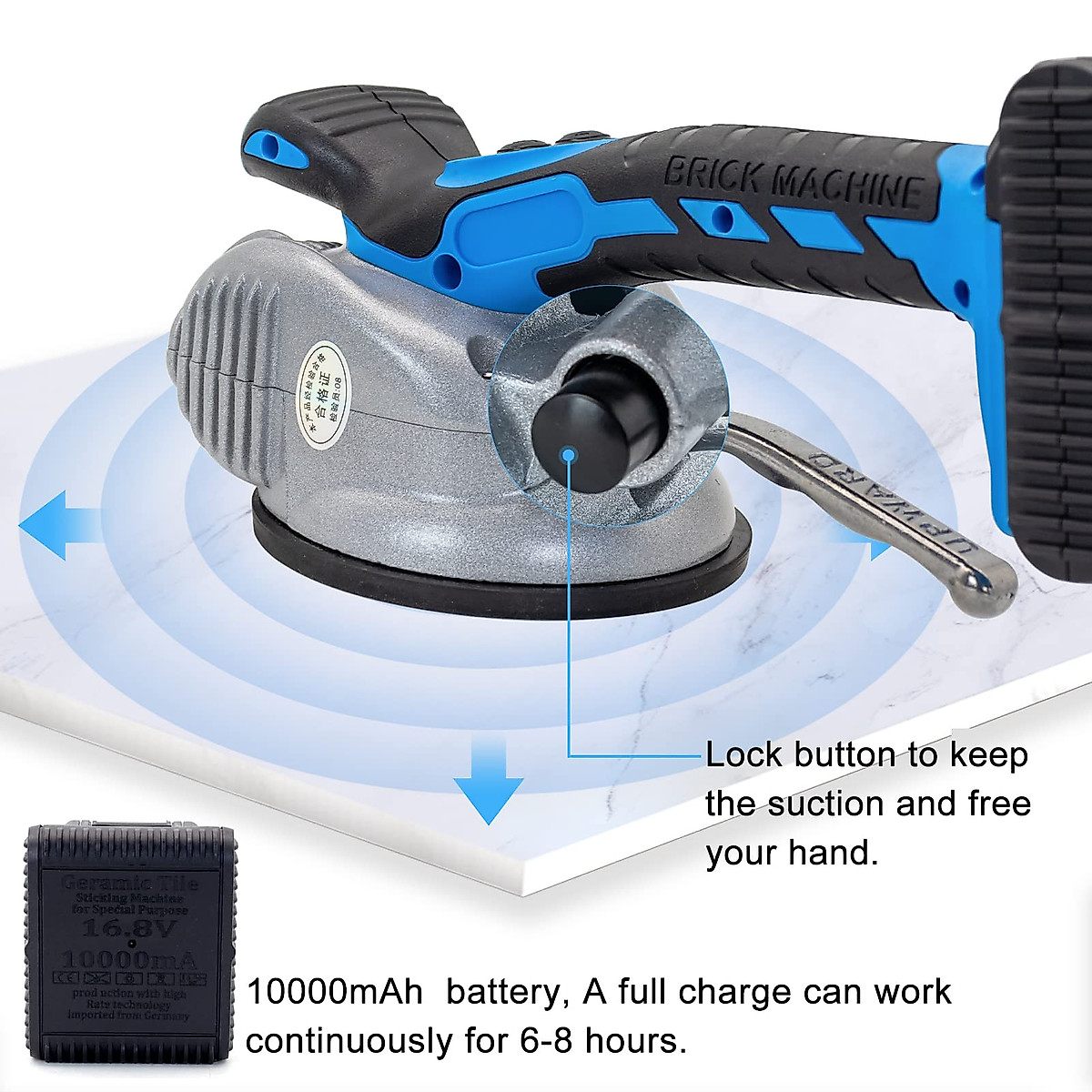 CAPTOK Tile Vibration Machine Automatic Suction Vibrator 10,000mAh 2 Batteries Tile Leveling Tiling Machine 6 Speed Handheld 18,000VPM