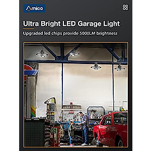 4-Pack LED Garage Lights, 50W LED Shop Light with 3 Ultra Bright Adjustable Panels, 5000LM 6500K Deformable Ceiling Lights for Garage, Attic, Basement, E26/E27 Base