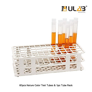 ULAB Scientific White Tube Rack and Plastic Test Tubes Set, Include 1pc of White Tube Rack, 60pcs of Plastic Macaroon Party Tubes Shot Glasses, Nature Color, UTR1015