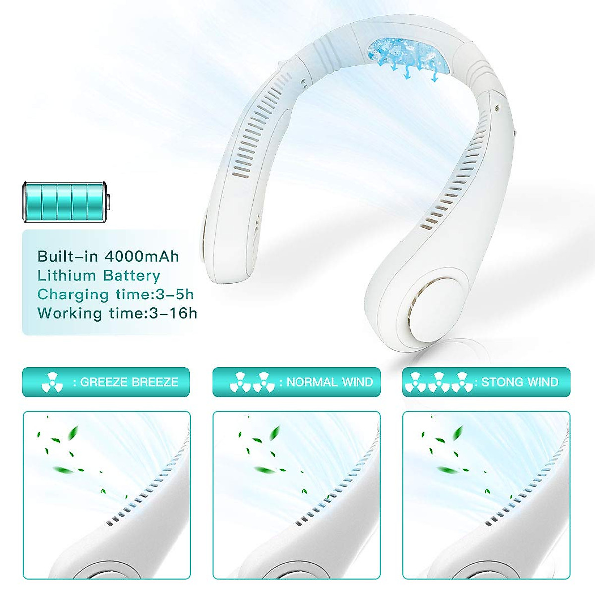 Kapkon Portable Hands Free Bladeless Neck Fan,Wearable Personal Air Conditioner Fan Built-in Refrigerating Chip,4000 mAn Battery Operated Personal Neck Fan, USB Rechargeable