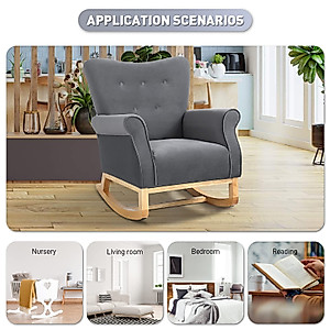 OUYESSIR Rocking Chair for Nursery, Upholstered High-Back Accent Arm Chair, Comfortable Rocker Fabric Padded Seat, Modern Leisure Single Glider Chair for Living Room, Hotel, Bedroom (Grey)