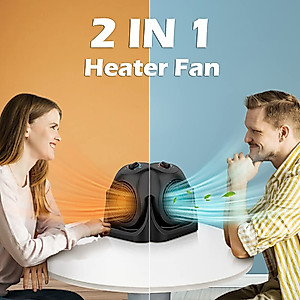 LifePlus 2 in 1 Heater Fan Combo, Portable Cooling Desk Fan, Air Circulator Fan 45° Tilt, 2 Wind Speeds, 1500W Overheat Protection Personal Small Floor for Home Office Black